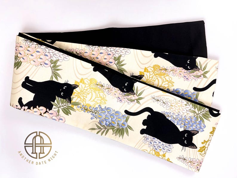 Wisteria Flower & Black Cat Hanhaba Belt, Half-width Obi for Yukata ...