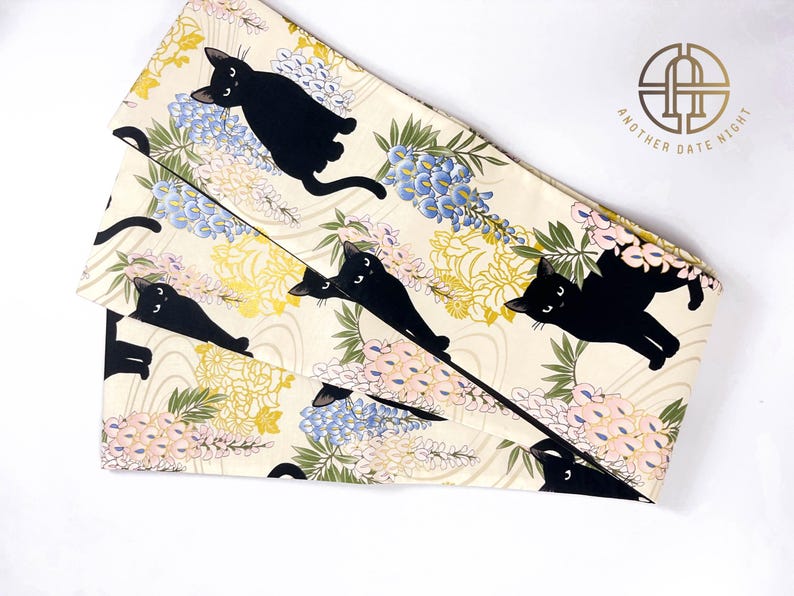 Wisteria Flower & Black Cat Hanhaba Belt, Half-width Obi for Yukata ...