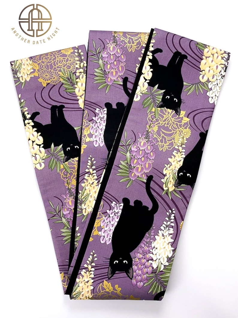 Wisteria Flower & Black Cat Hanhaba Belt, Half-width Obi for Yukata ...