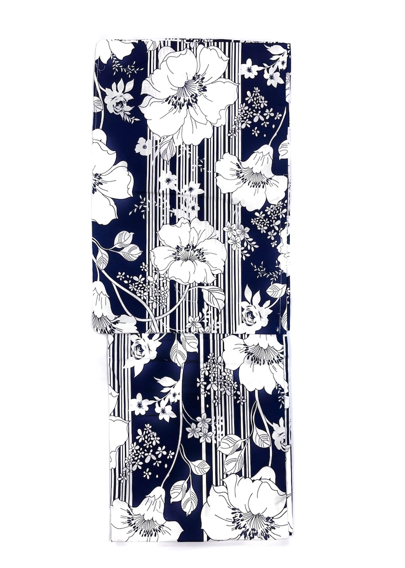 Navy Blue Floral Cotton Yukata Set With Easy Wear Obi Belt, Obijime ...