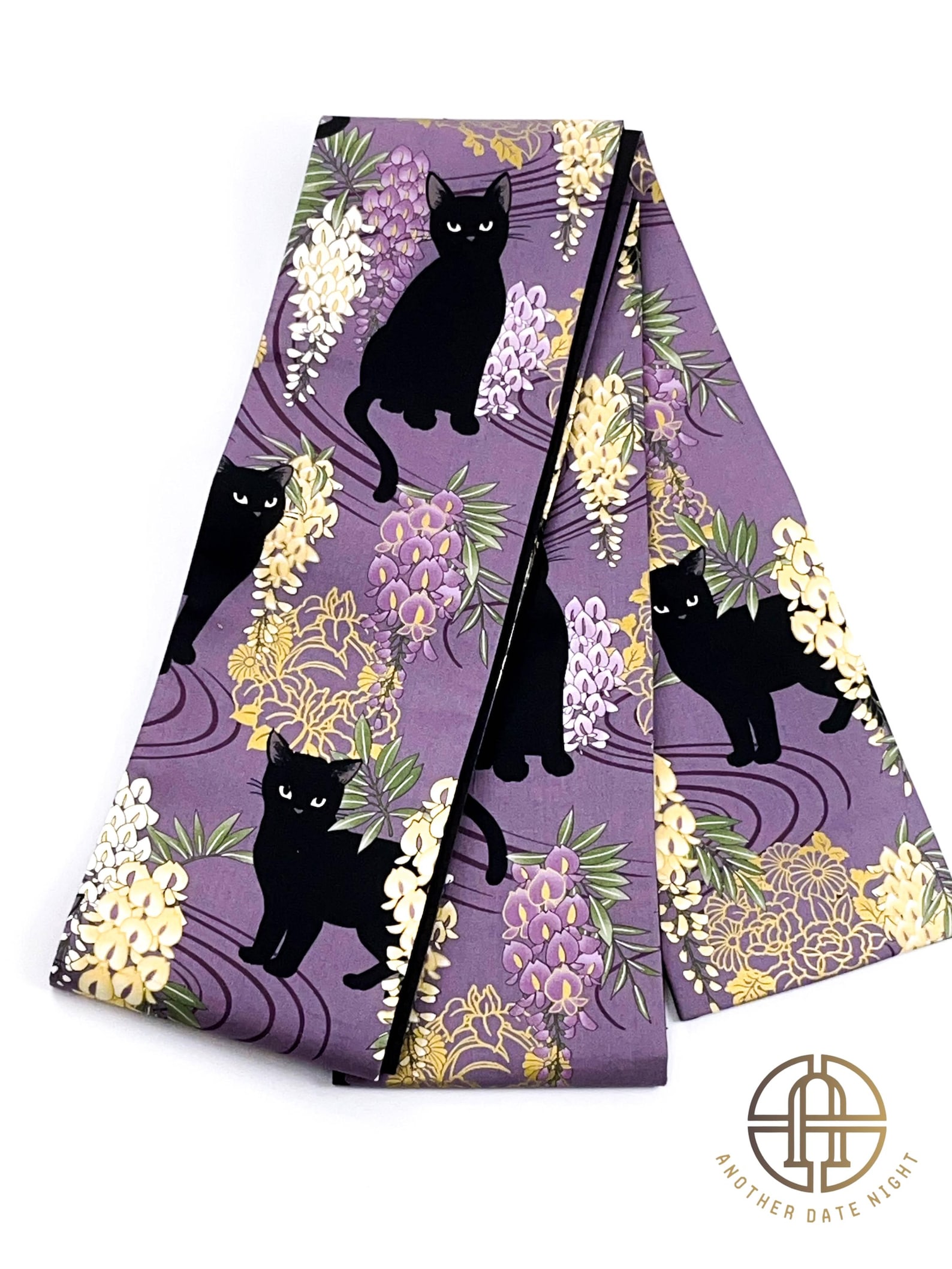 Wisteria Flower & Black Cat Hanhaba Belt, Half-width Obi for Yukata ...
