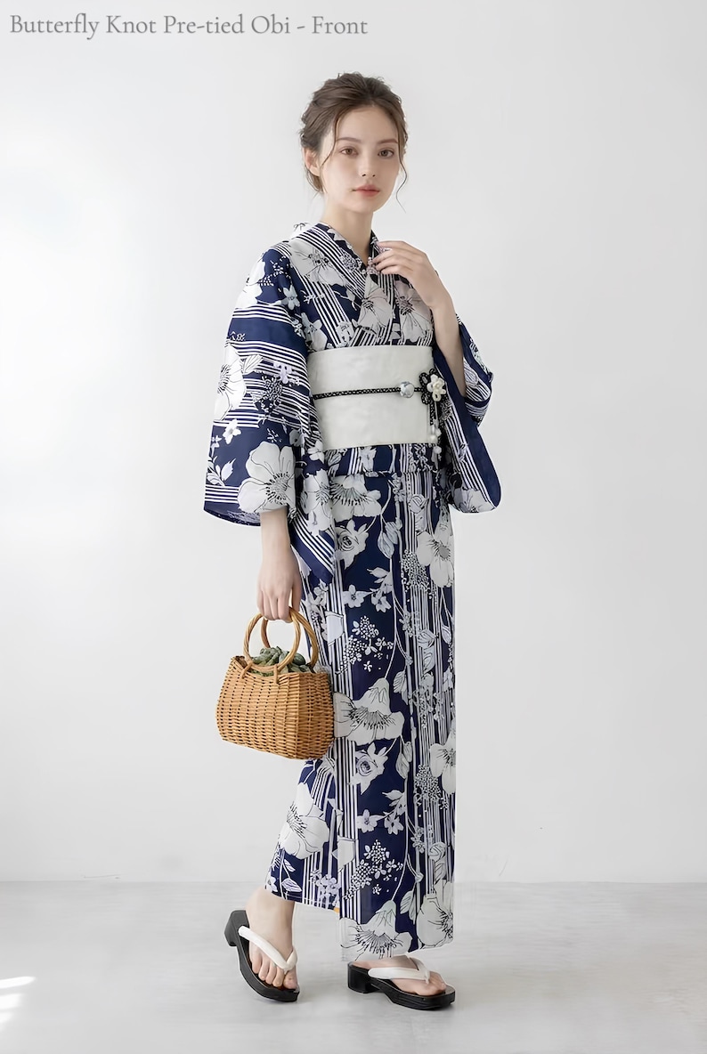 Navy Blue Floral Cotton Yukata Set With Easy Wear Obi Belt, Obijime ...