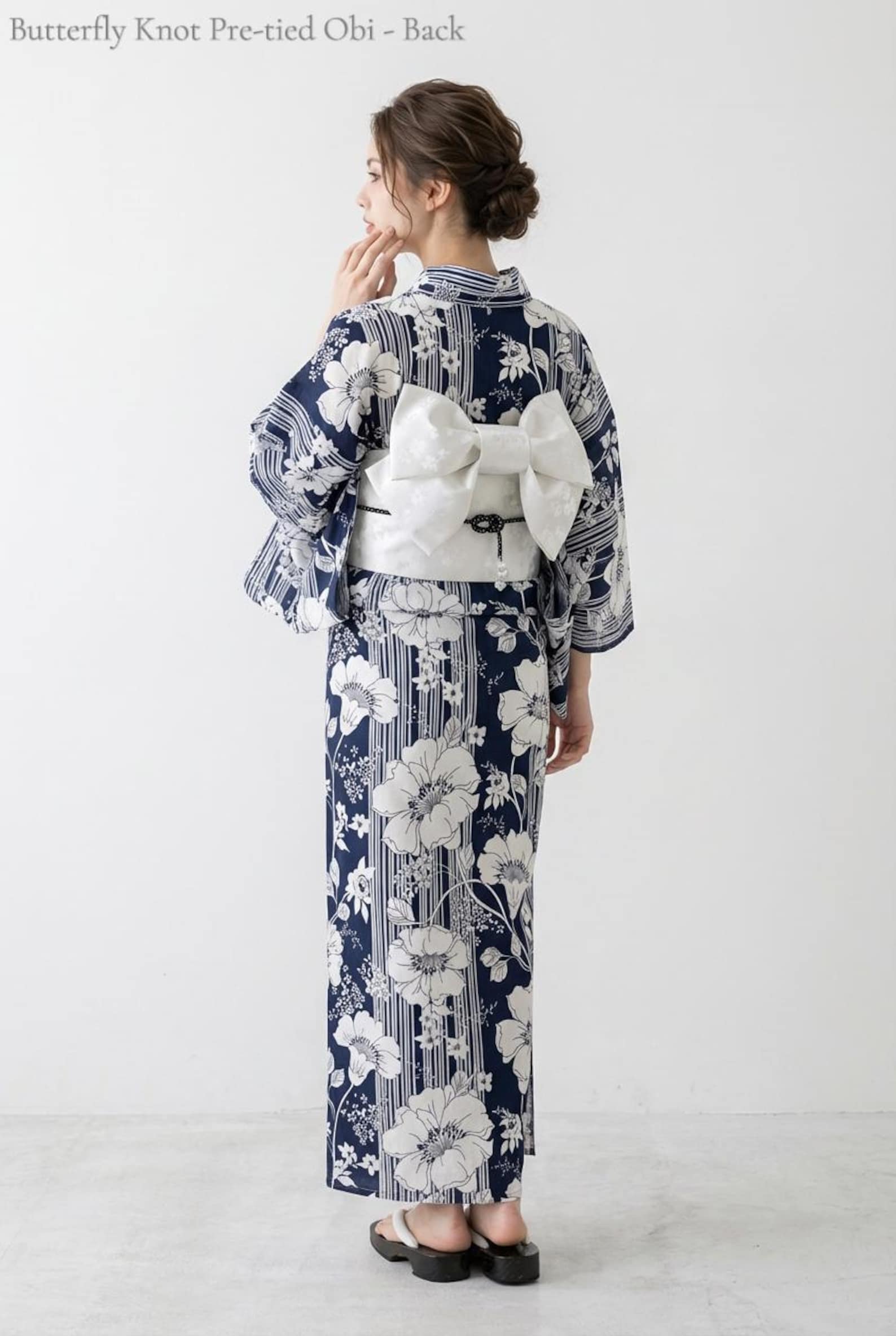 Navy Blue Floral Cotton Yukata Set With Easy Wear Obi Belt, Obijime ...