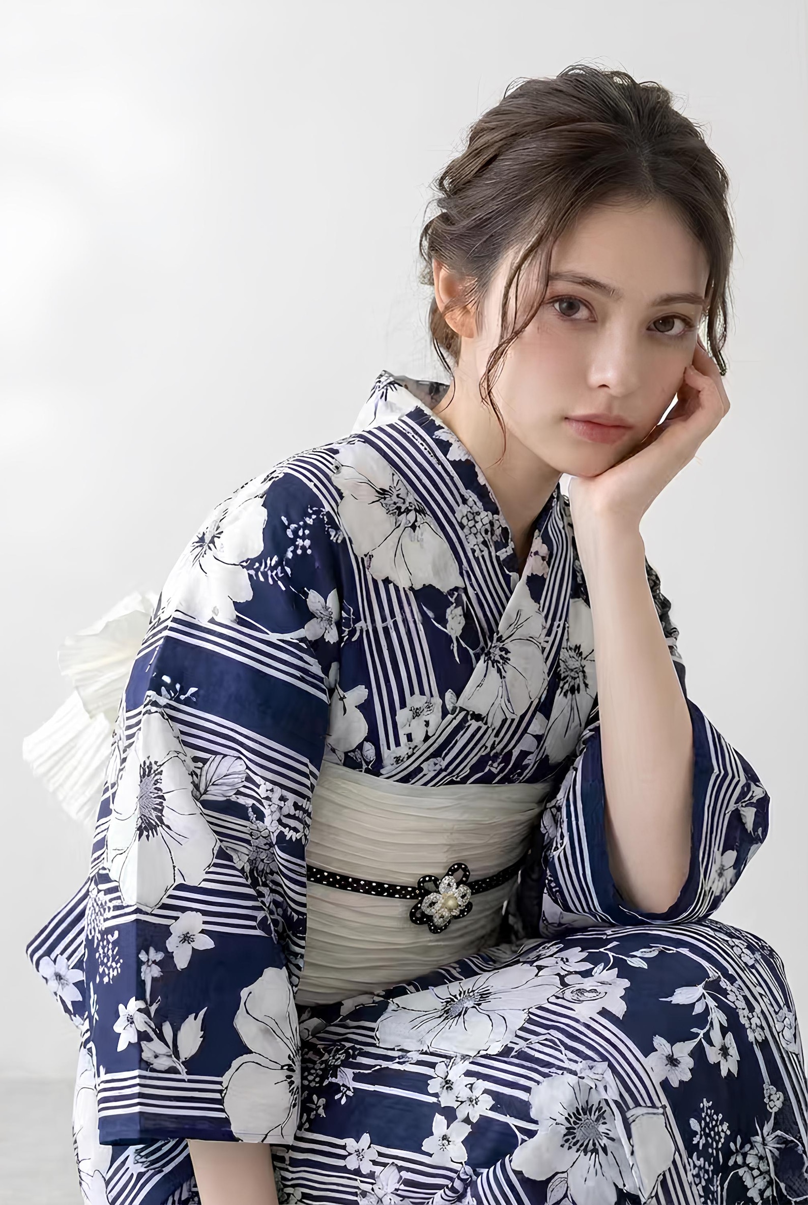 Navy Blue Floral Cotton Yukata Set With Easy Wear Obi Belt, Obijime ...