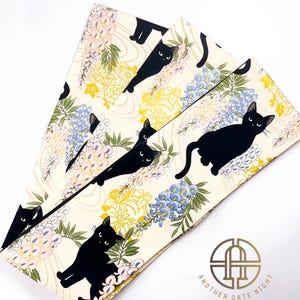 Wisteria Flower & Black Cat Hanhaba Belt, Half-width Obi for Yukata ...