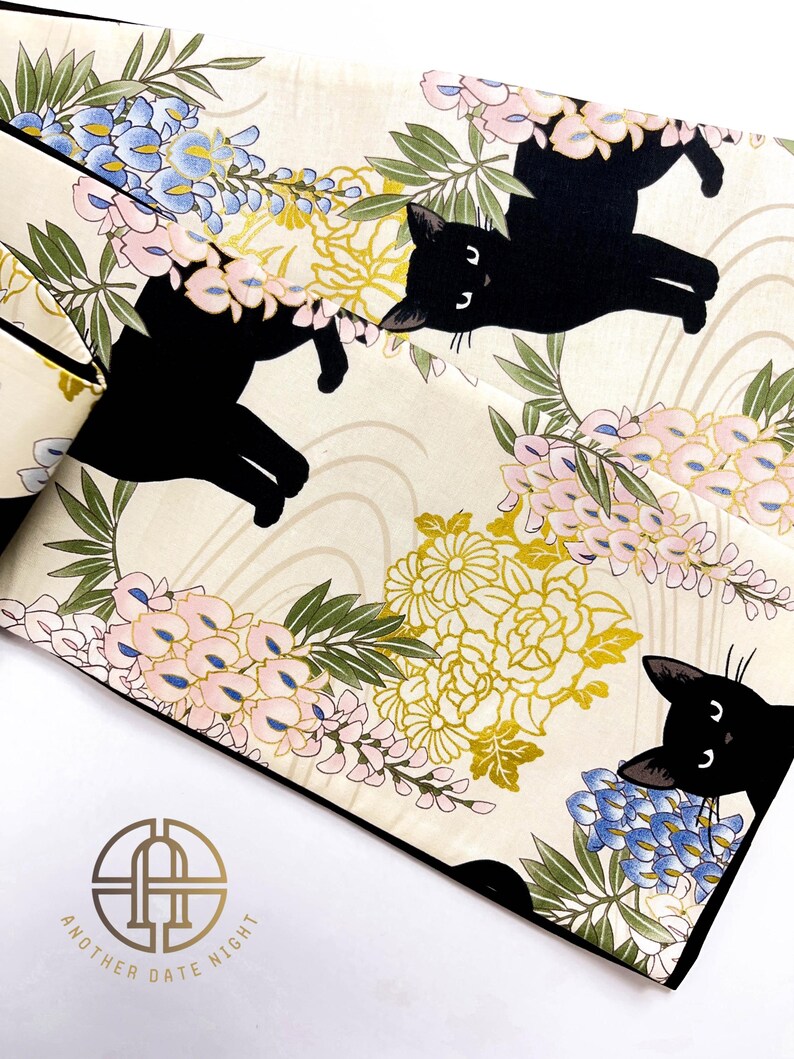 Wisteria Flower & Black Cat Hanhaba Belt, Half-width Obi for Yukata ...