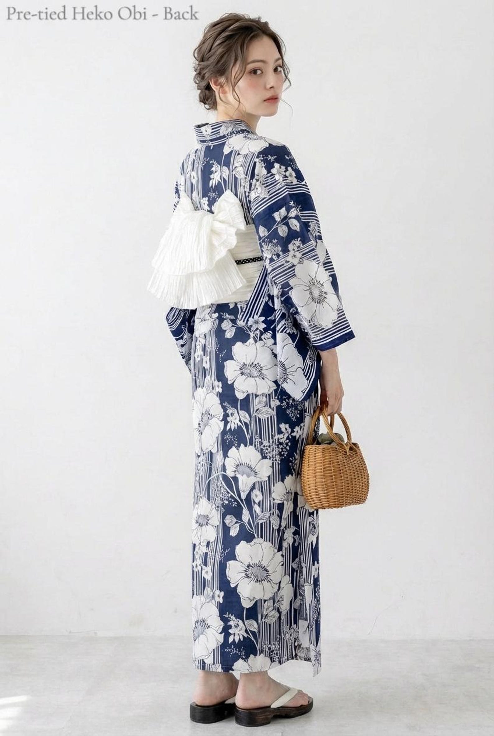 Navy Blue Floral Cotton Yukata Set With Easy Wear Obi Belt, Obijime ...