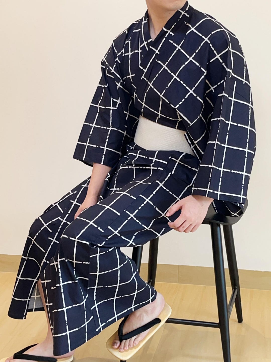 3PCS/5PCS Full Set Mens' Navy Cotton Yukata Set, Custom Fit Available ...