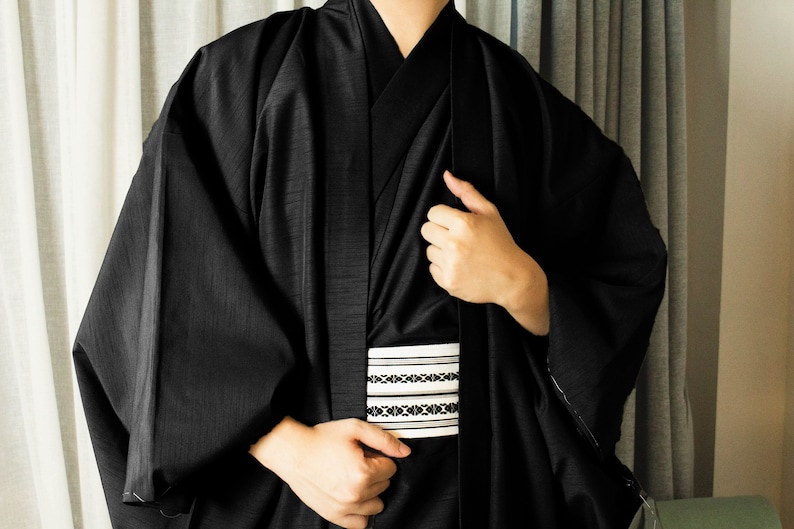 Traditional Men's Black Kimono 3PCS Set, Japanese Men's Kimono Nagagi, Kaku Obi, and Men's Haori ...