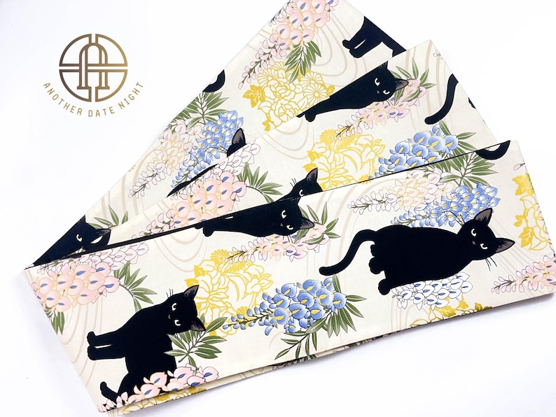 Wisteria Flower & Black Cat Hanhaba Belt, Half-width Obi for Yukata ...