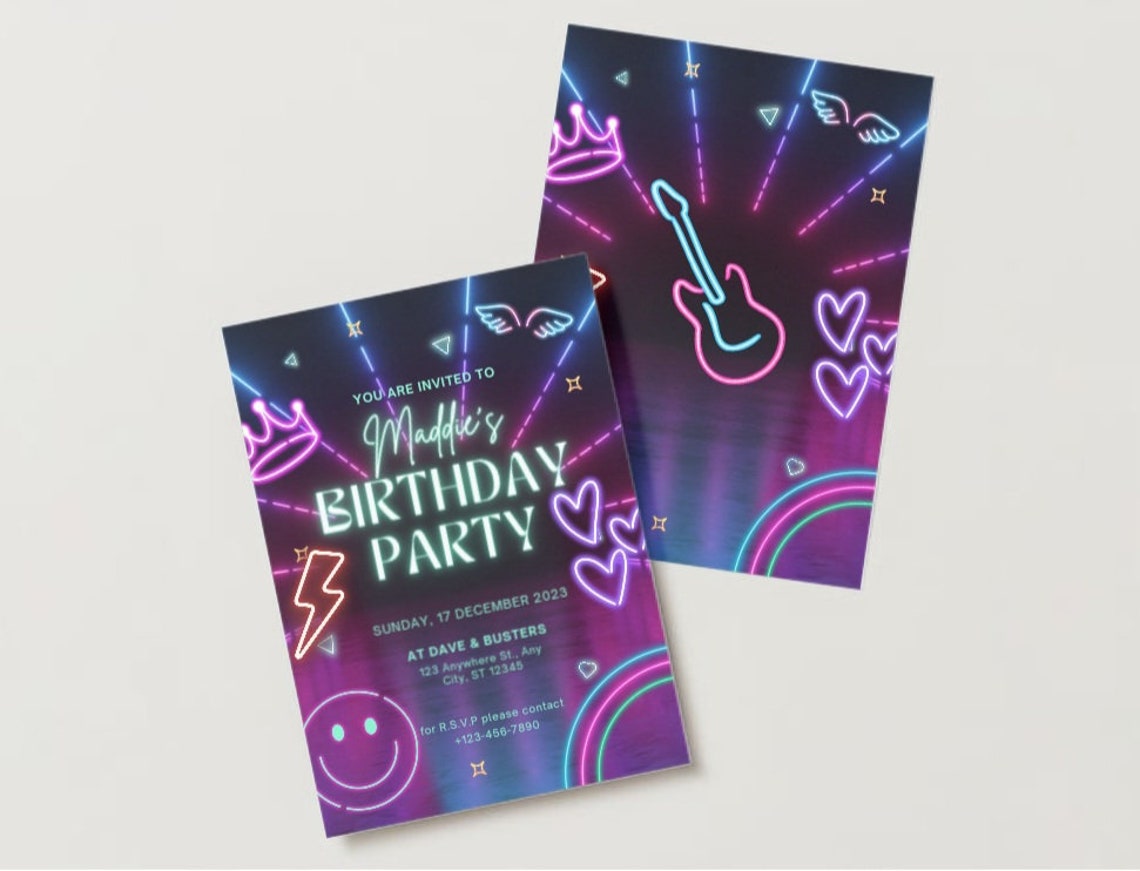 Neon Birthday Invitation Template Neon Lighys Birthday - Etsy