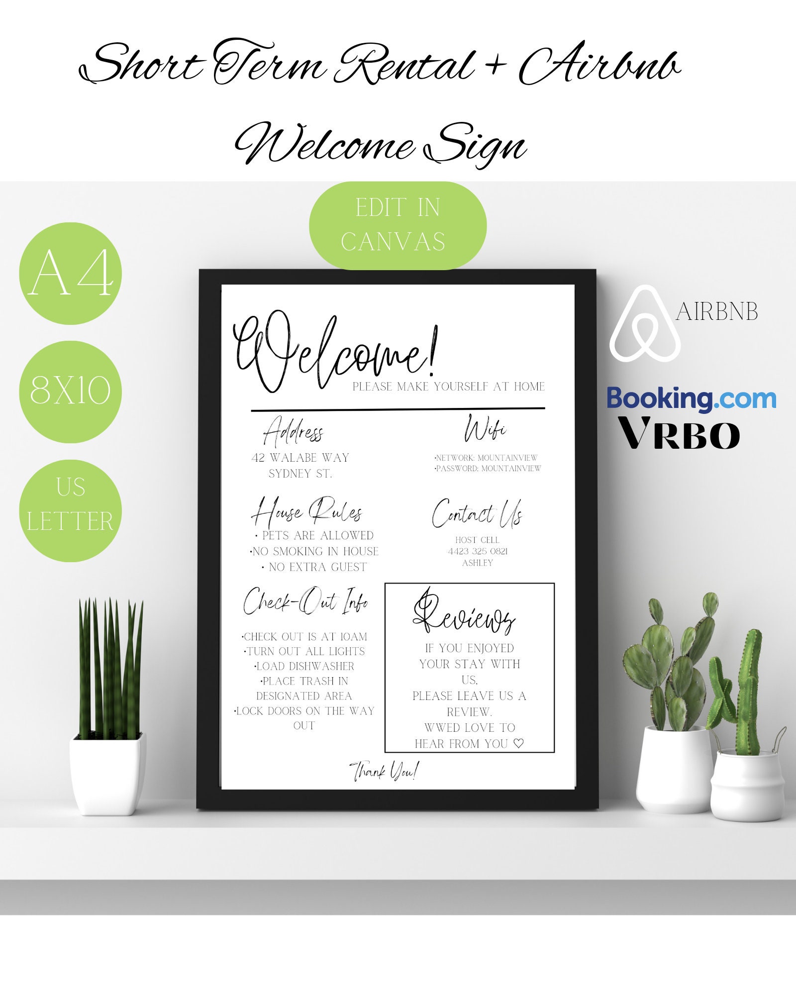 Editable Airbnb Welcome Guide Signage, Printable Short Term Rental ...