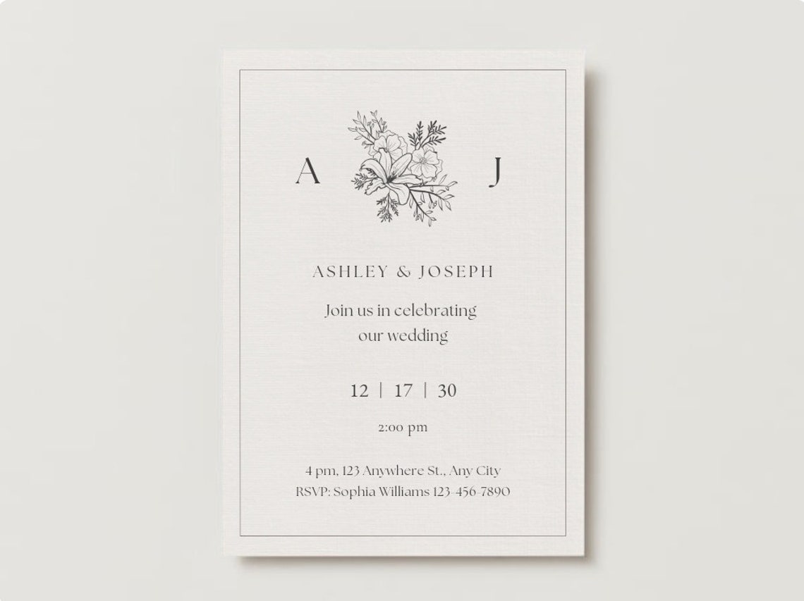 Minimalist Wedding Invitation Template, Simple Wedding Invite Template ...
