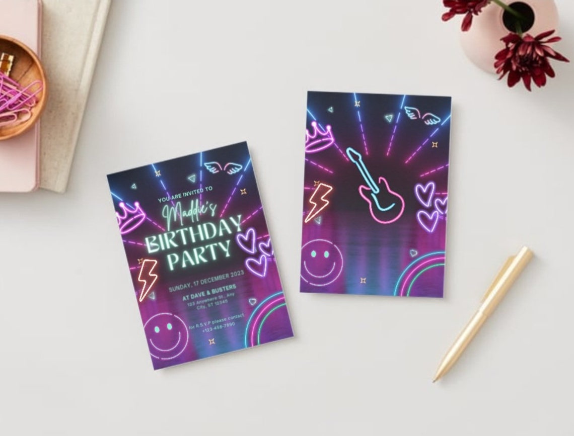 Neon Birthday Invitation Template Neon Lighys Birthday - Etsy
