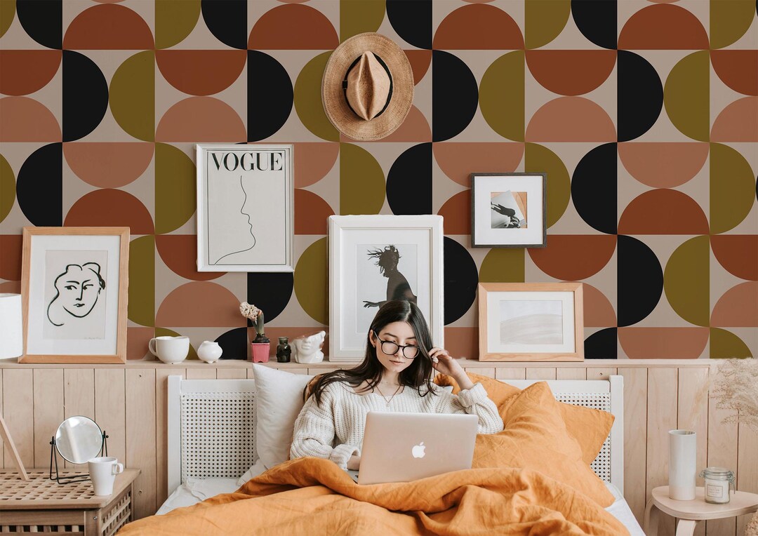 Bold Geometric Wallpaper in Dusty Pink, Rust, Olive Green / Peel and ...