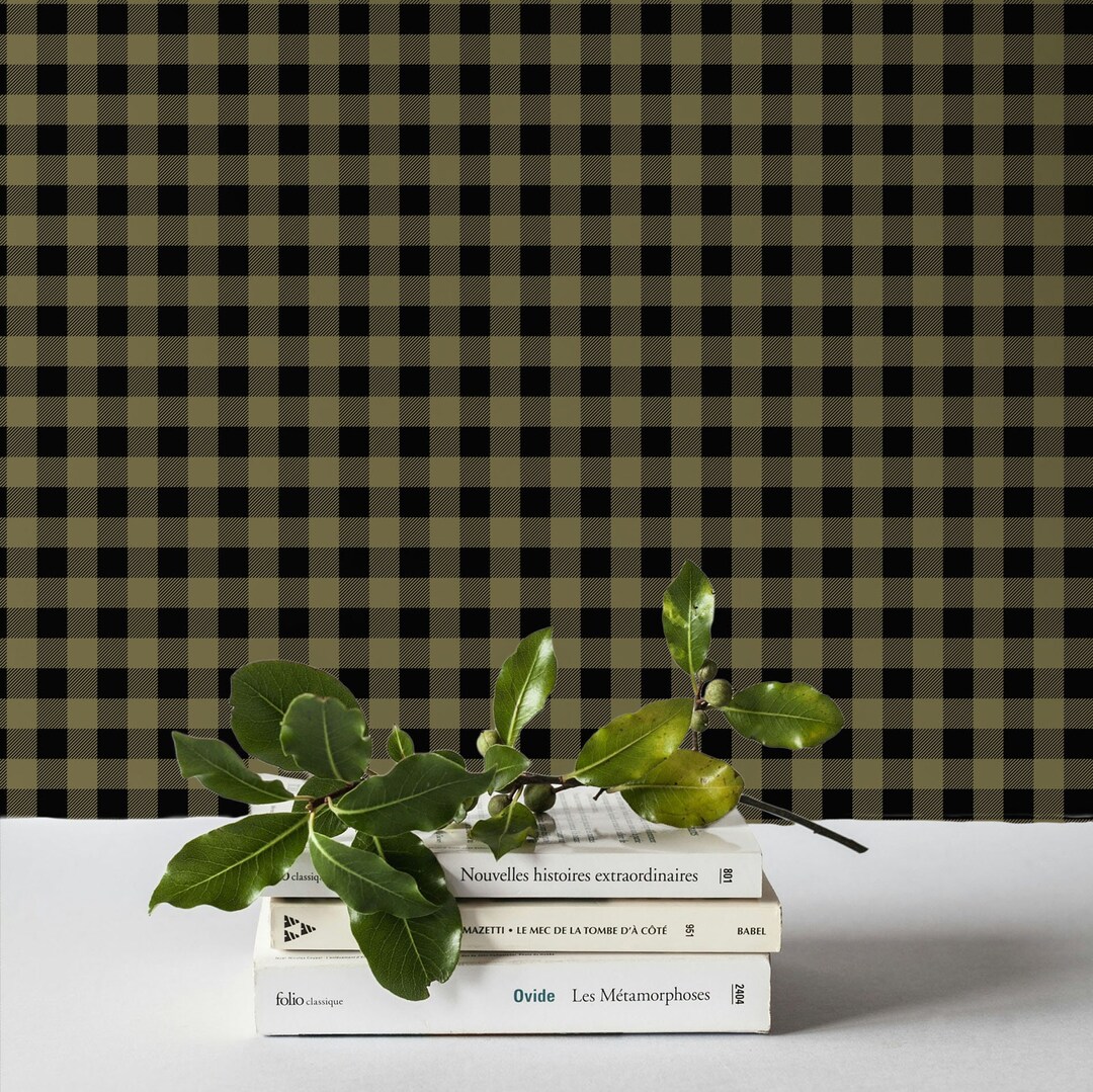 Gingham Print Wallpaper in Green and Black / Peel and Stick ...