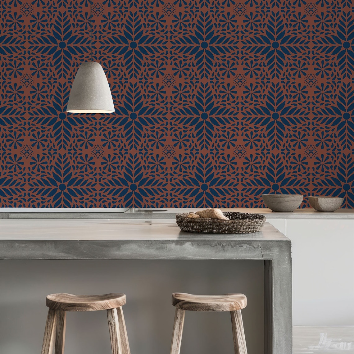 Rust Orange and Navy Blue Vintage Wallpaper / Peel and Stick ...