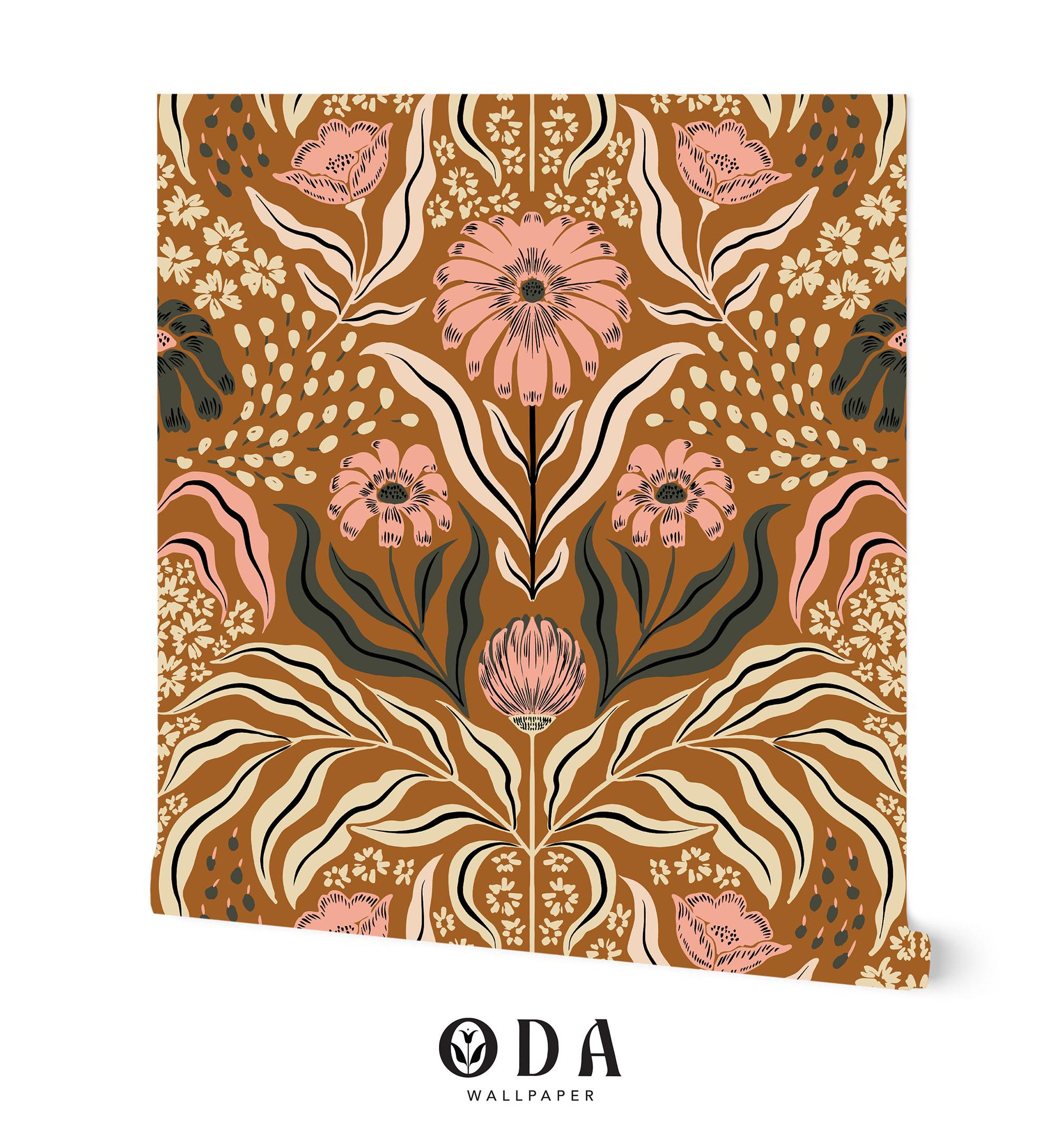 Large Boho Floral Wallpaper in Rust, Pink, and Cream / Peel and Stick ...