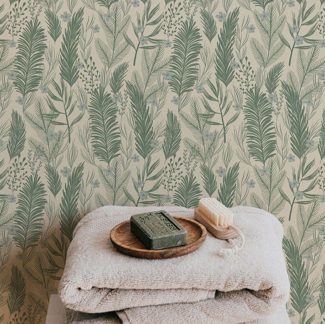 Rustic Forest Wallpaper in Sage Green and Cream / Peel and Stick ...