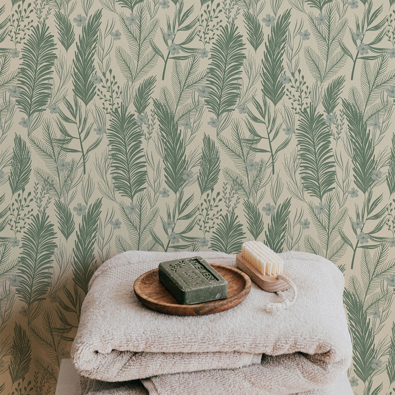 Rustic Forest Wallpaper in Sage Green and Cream / Peel and Stick ...