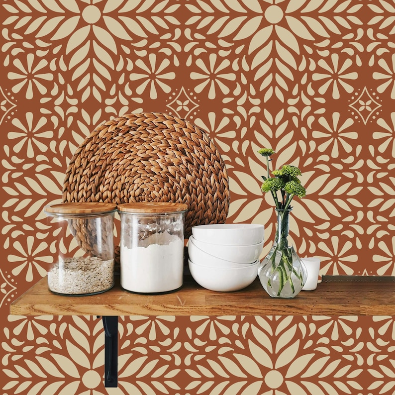 Rust Orange and Beige Print Wallpaper / Peel and Stick / Traditional ...