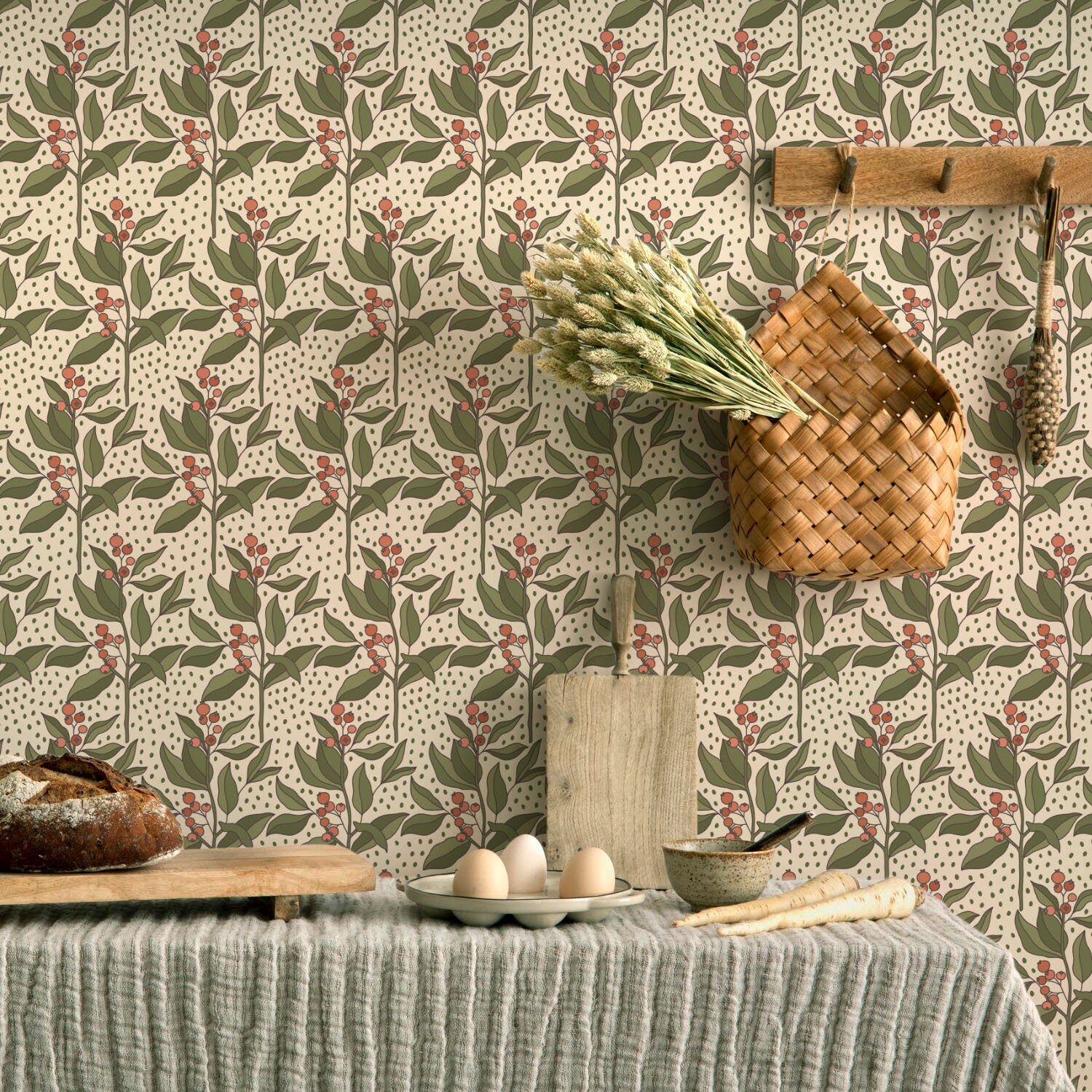 Rustic Botanical Wallpaper in Cream and Green / Peel and Stick ...