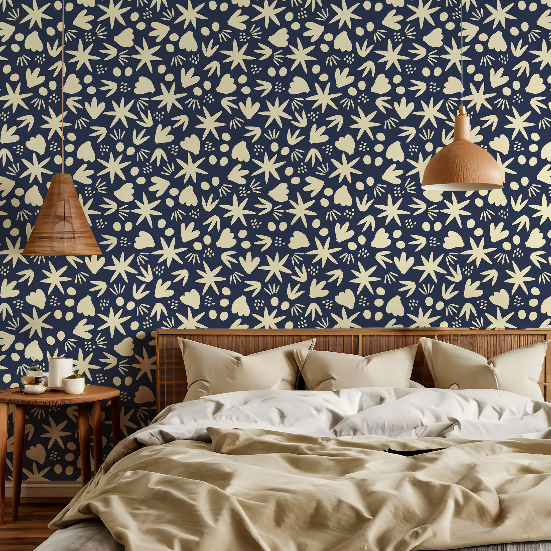 Shell Coastal Print Wallpaper in Navy Blue and Beige / Peel and Stick ...