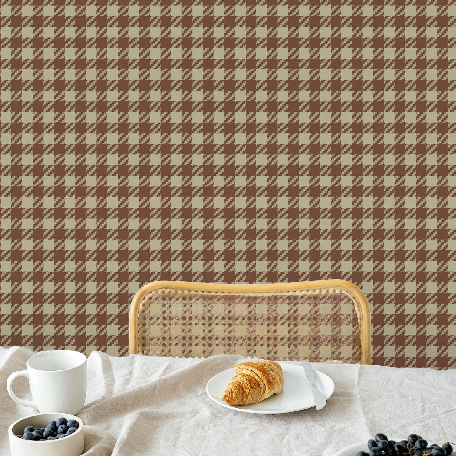 Gingham Print Wallpaper in Brown and Beige / Peel and Stick ...