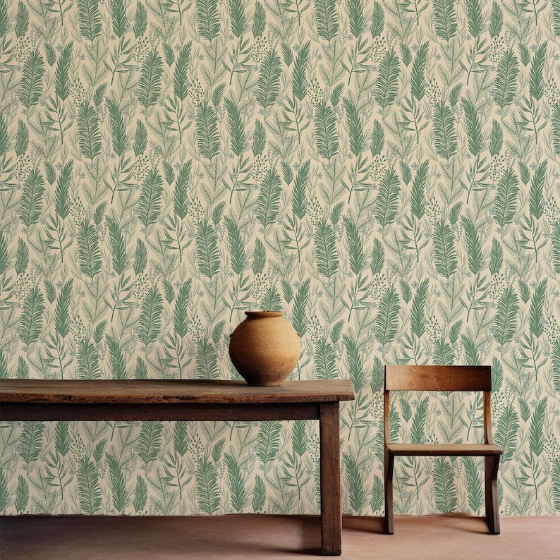 Rustic Forest Wallpaper in Sage Green and Cream / Peel and Stick ...