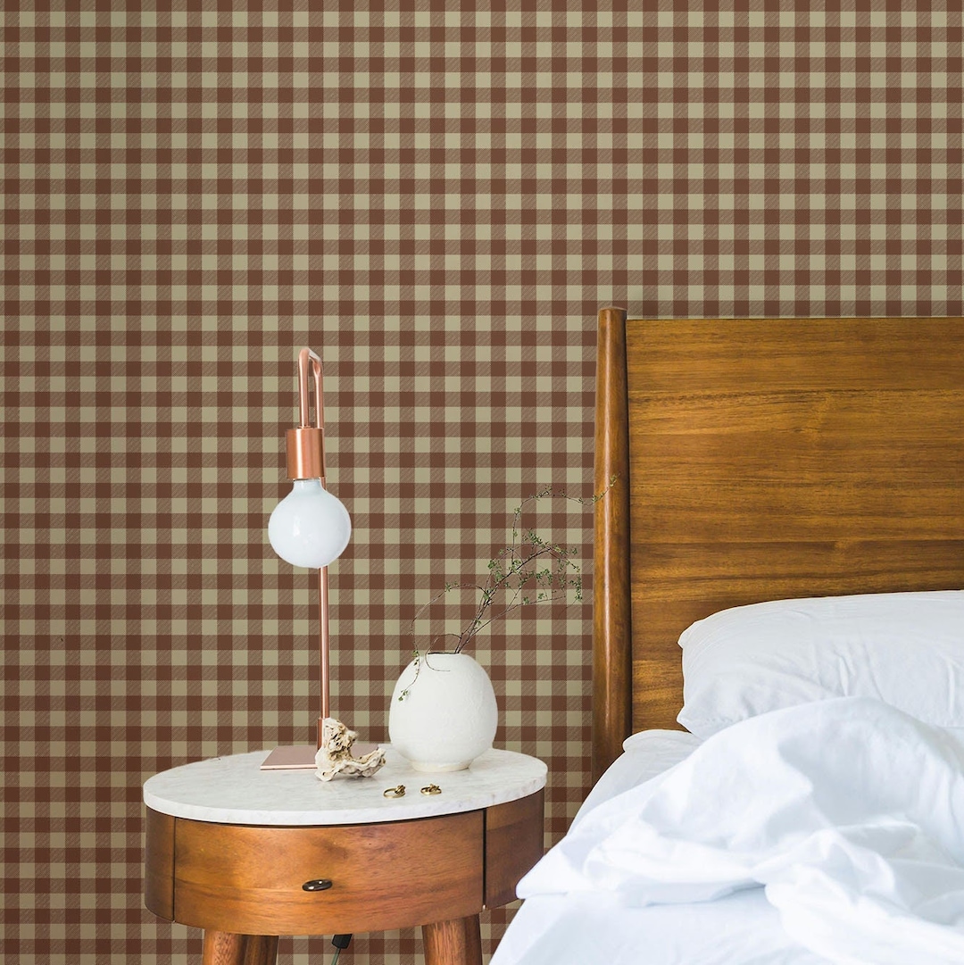 Gingham Print Wallpaper in Brown and Beige / Peel and Stick / Traditional / Americana ...
