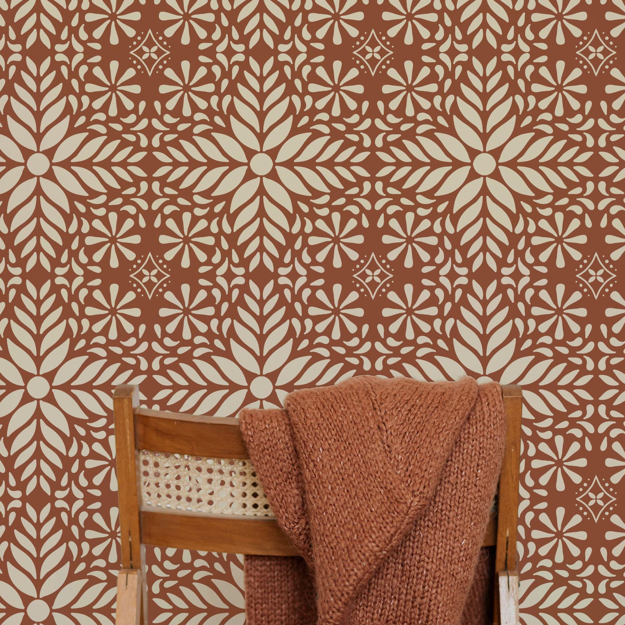 Rust Orange and Beige Print Wallpaper / Peel and Stick / Traditional ...
