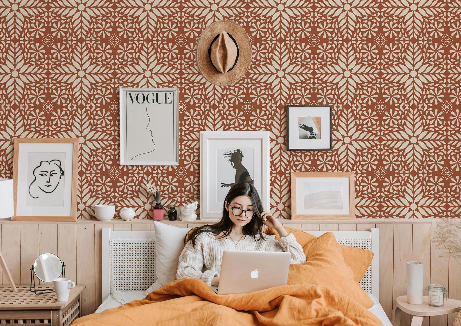 Rust Orange and Beige Print Wallpaper / Peel and Stick / Traditional ...