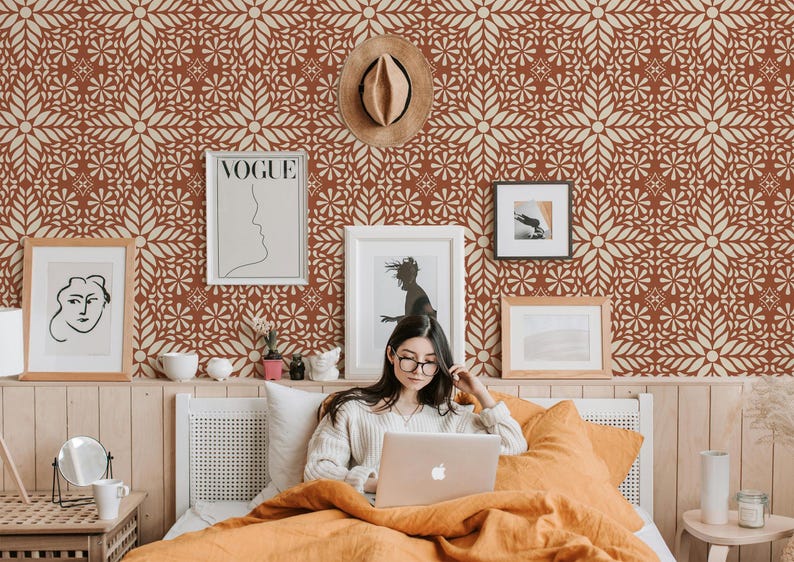 Rust Orange and Beige Print Wallpaper / Peel and Stick / Traditional ...