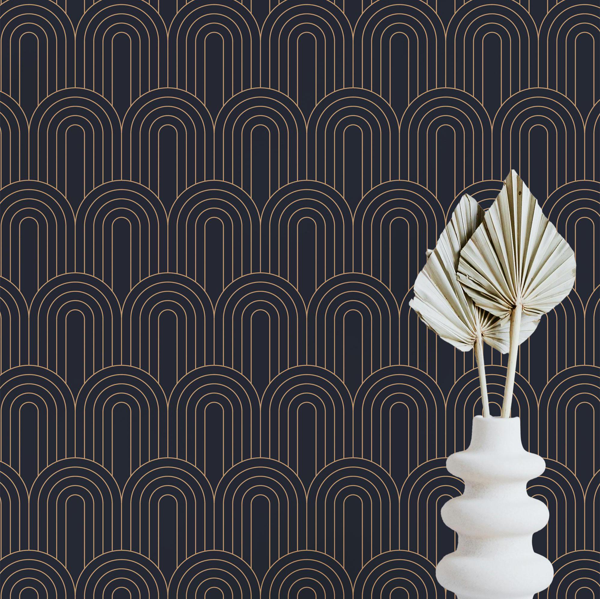 Art Deco Arched Wallpaper in Navy Blue and Gold / Peel and Stick ...