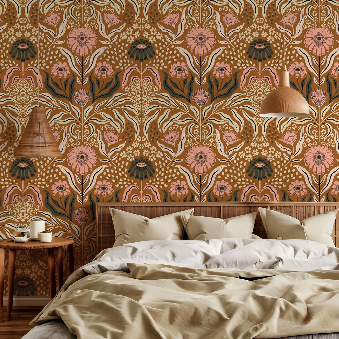 Large Boho Floral Wallpaper in Rust, Pink, and Cream / Peel and Stick ...