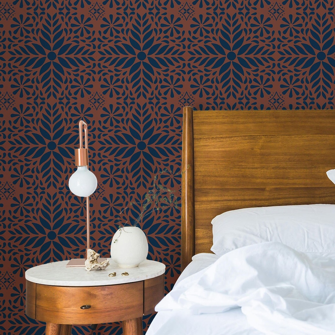 Rust Orange and Navy Blue Vintage Wallpaper / Peel and Stick ...