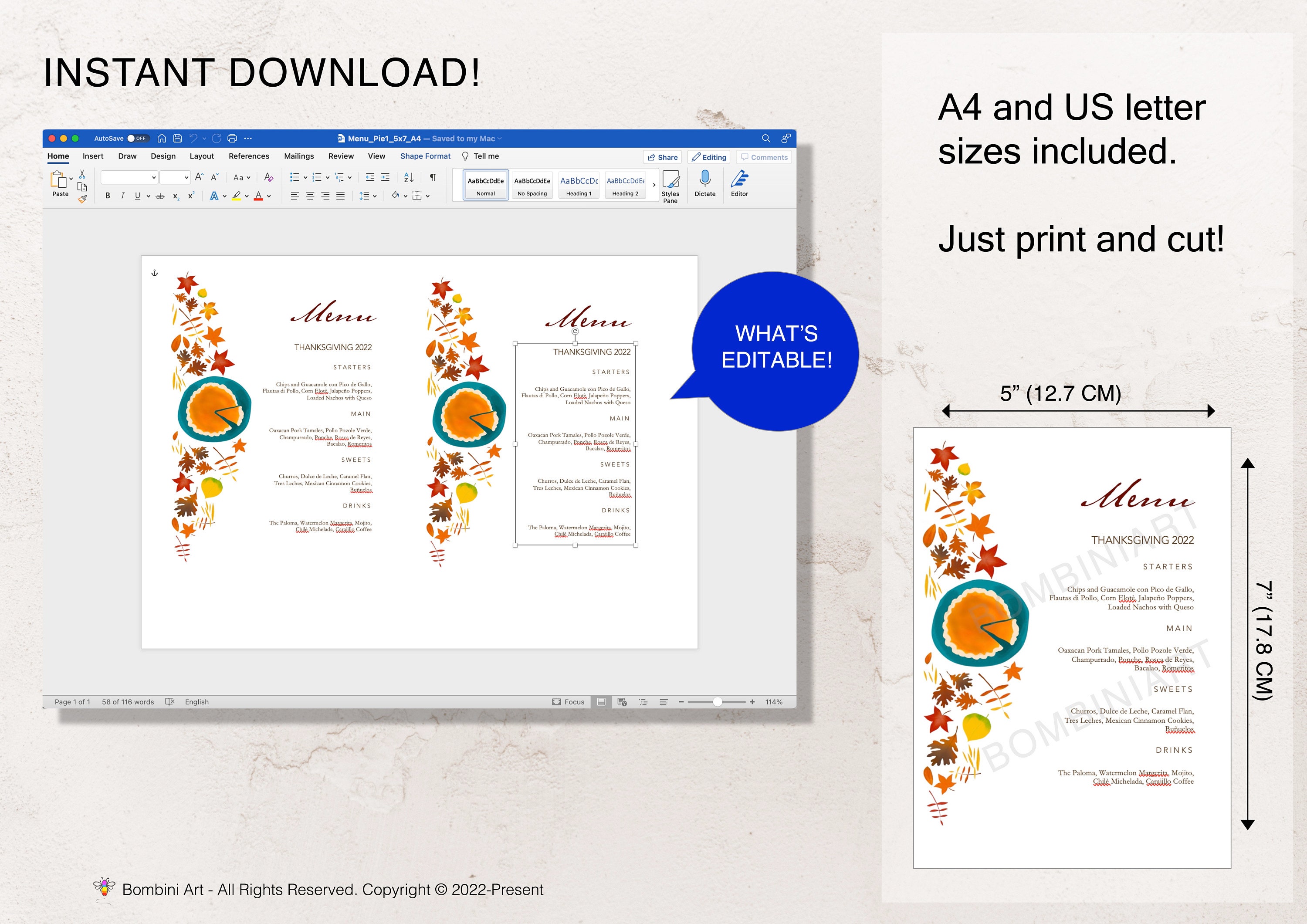 Printable Thanksgiving Menu, Editable Word Document, 5x7 Instant ...
