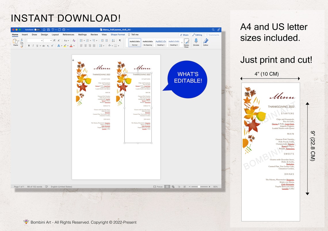 Printable Thanksgiving Menu, Editable Word Document, 9x4 Instant ...