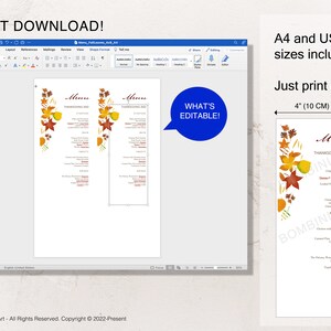 Printable Thanksgiving Menu, Editable Word Document, 9x4 Instant ...
