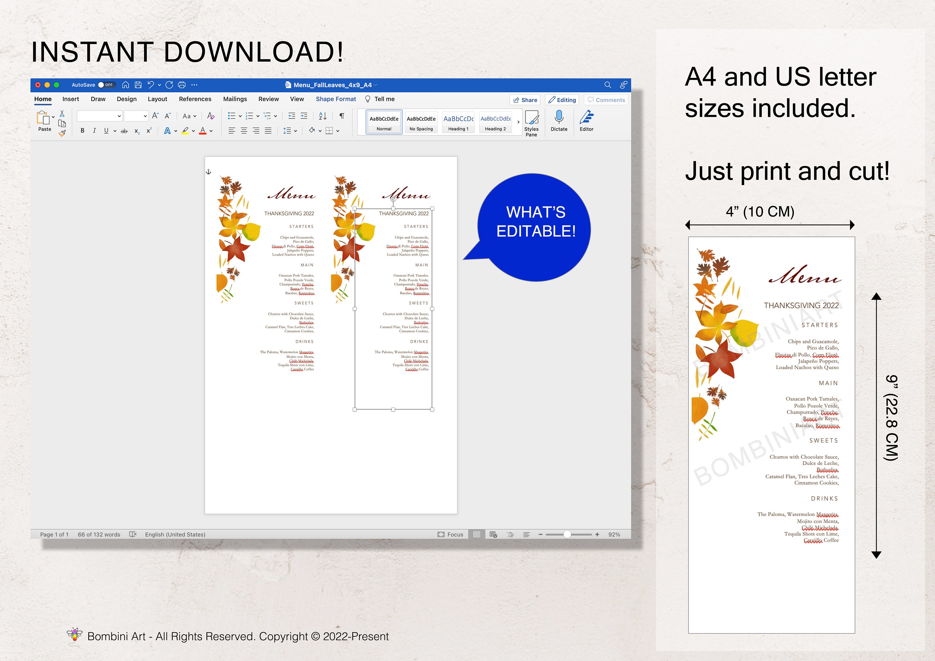 Printable Thanksgiving Menu, Editable Word Document, 9x4 Instant ...