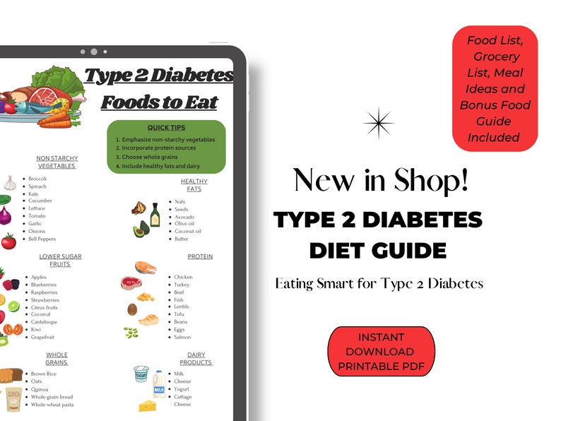 Printable Type 2 Diabetes Diet PDF Bundle With Diabetes Grocery List ...