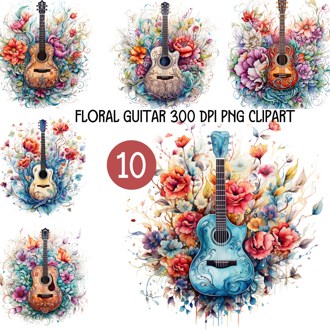 Watercolor Floral Guitar Clipart Pack/10 Guitar Graphics/guitar ...