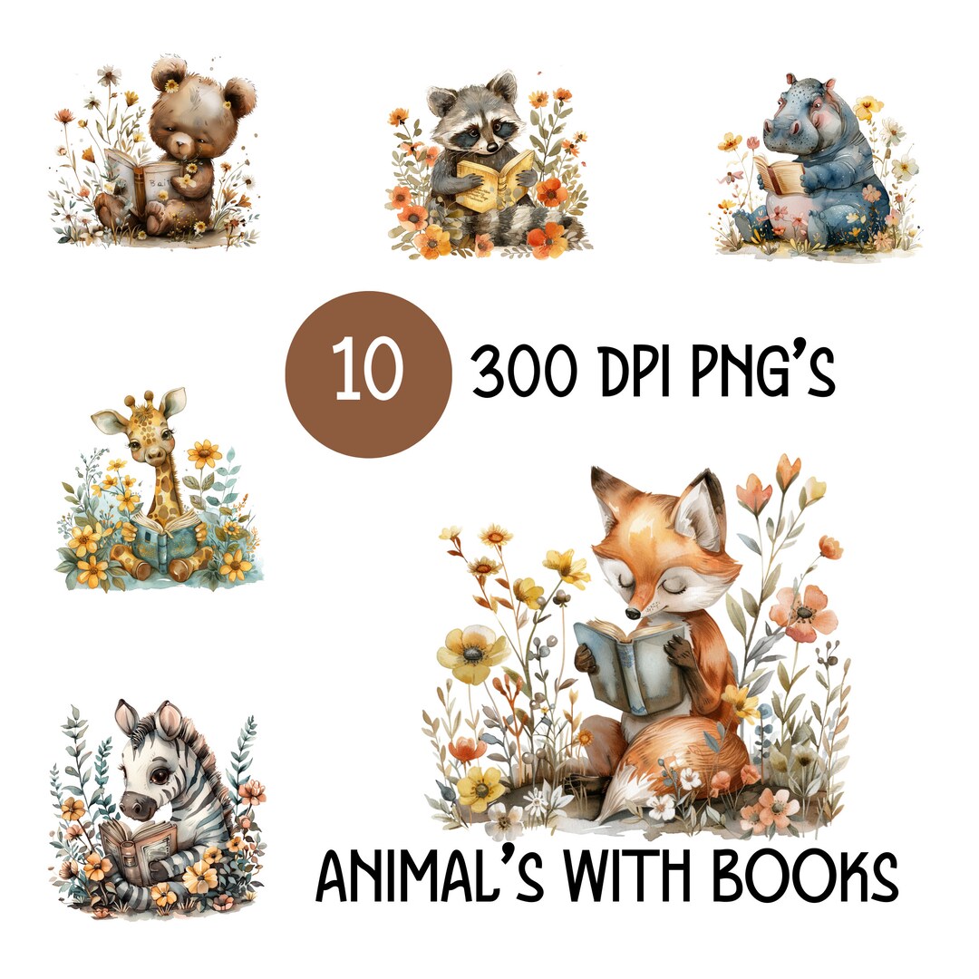 Wild Animals Reading Books Png/wild Animal Sublimation/animal Lovers ...
