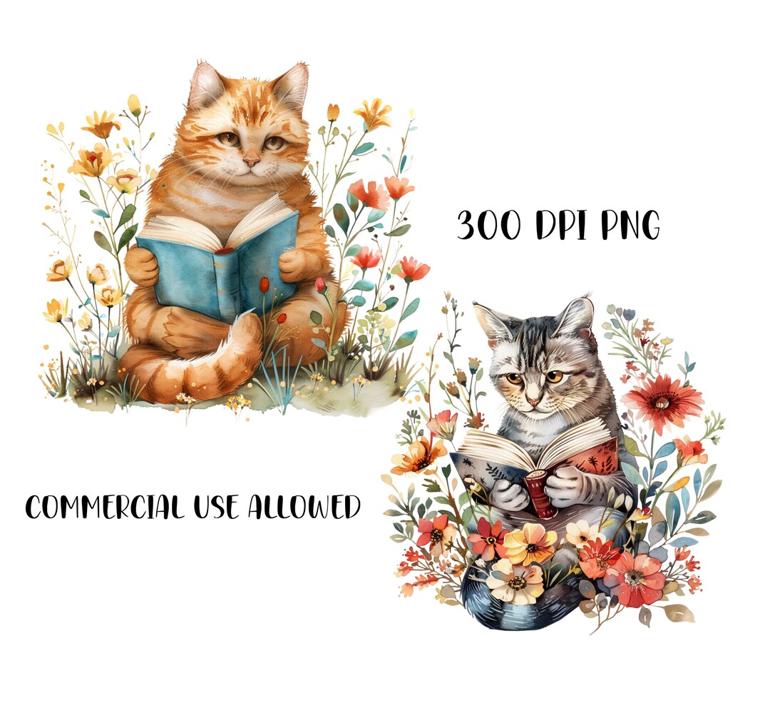 Cat Reading Book Png/cat Sublimation/cat Lovers Clipart Png/book Lovers ...