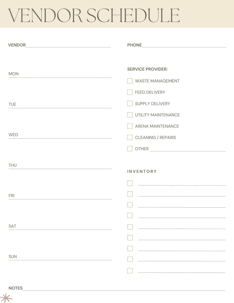 Equine Vendor Schedule: Pages From the Equestrian Planners - Etsy