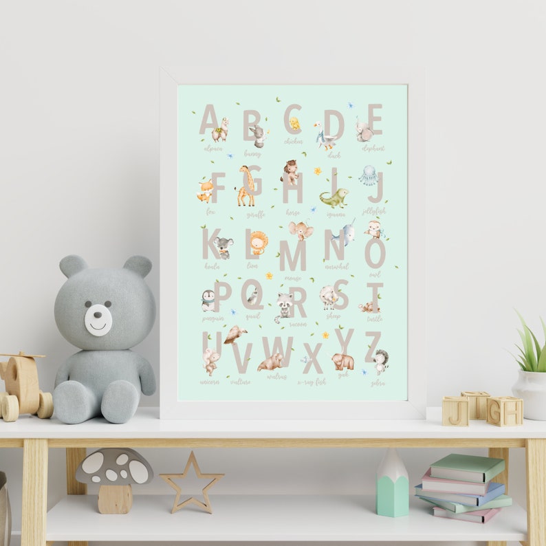 MINT ANIMAL ALPHABET Poster, Nursery Decor Wall Art, Kids Room Wall Art ...