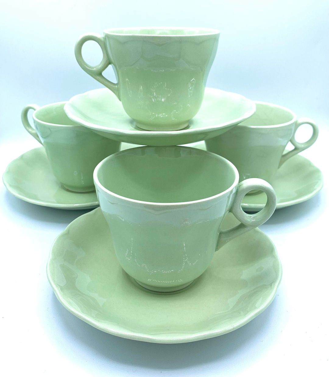 Grindley Almond Petal Pastel Green Teacups and Saucers, Vintage, Set of ...