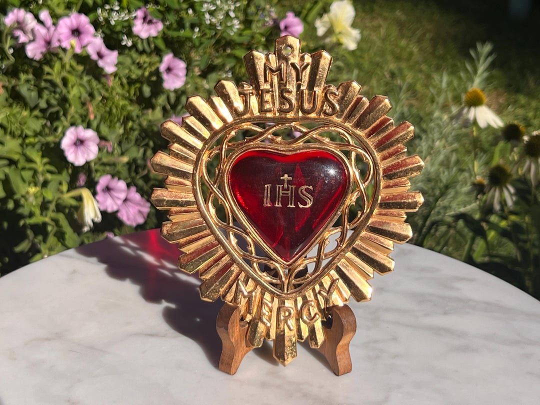 My Jesus Mercy IHS Plaque Brass Plated Red IHS Sacred Heart Holy Metal ...