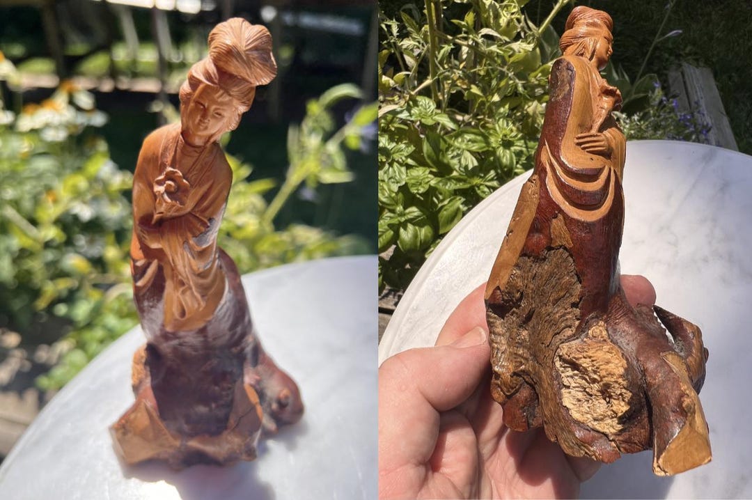 Japanese Burl / Root Wood Carving, Woman Holding Flower - Etsy