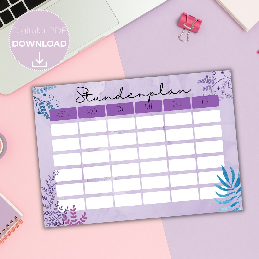 Purple PDF Timetable for Printing • Floral Design A4 • School Timetable ...